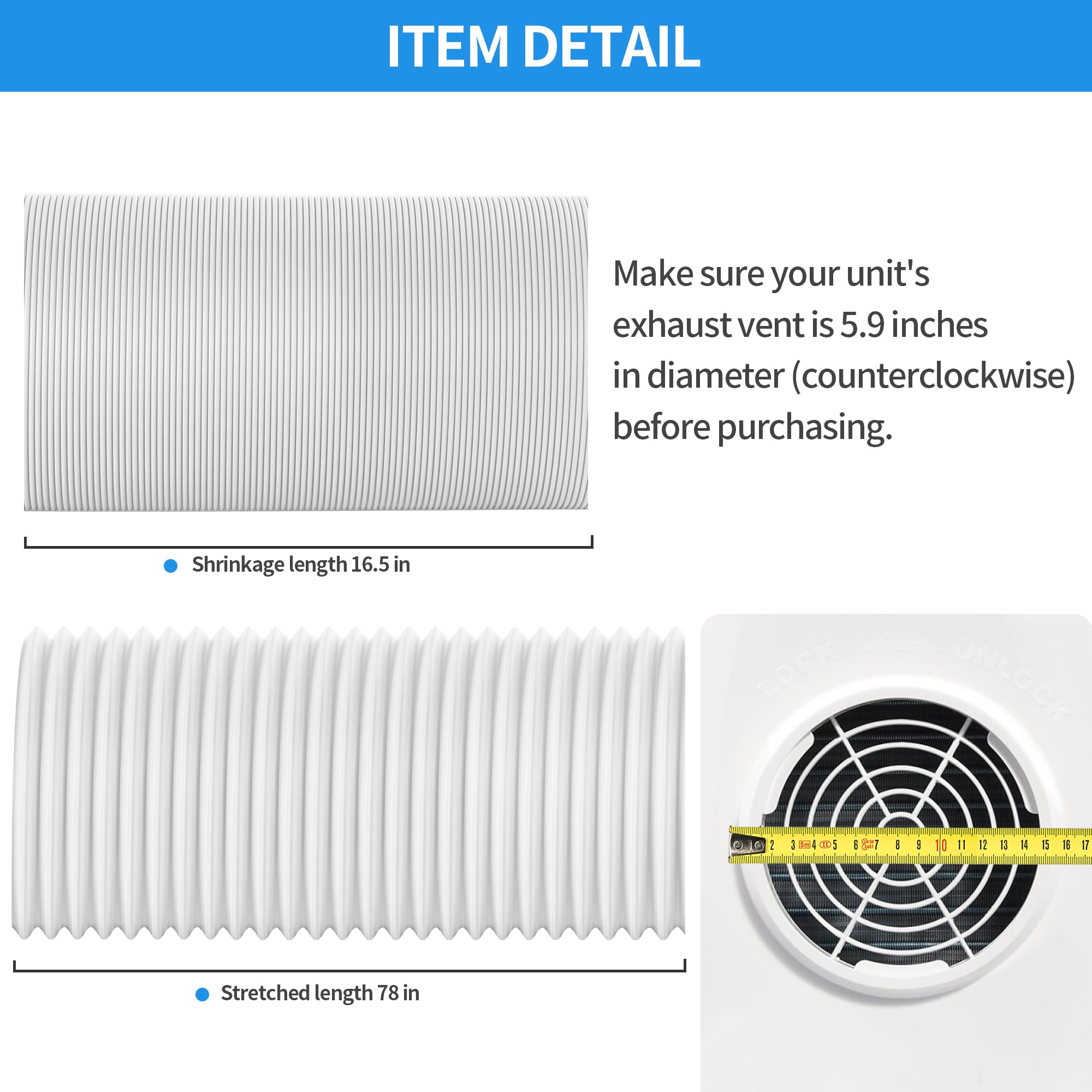 DOMANKI Portable Air Conditioner Exhaust Hose - 5.9 Inch Diameter, 78 Inch Length, Anti-Clockwise Thread Flexible Duct