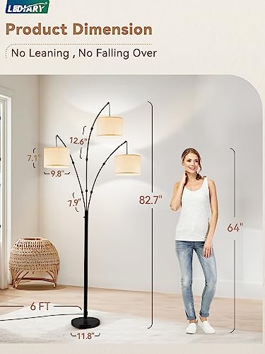 LEDIARY 3 Light Arc Floor Lamp, 82.7" Modern Black Floor Lamp for Living Room, 2400LM Tall Standing Lamp, Mid Century Tree Floor Lamp for Bedroom Office, 3 LED Bulbs Included