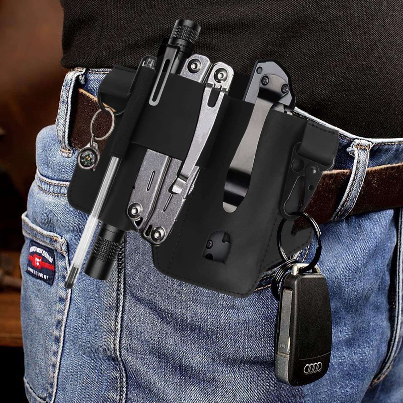 Happara Multitool Belt Sheath, EDC Leather Belt Organizer, Sheath with Pen Holder, Key Fob, Flashlight Sheath, Tool Organizer Fanny Pack for Work and Daily Use, Gifts for Men