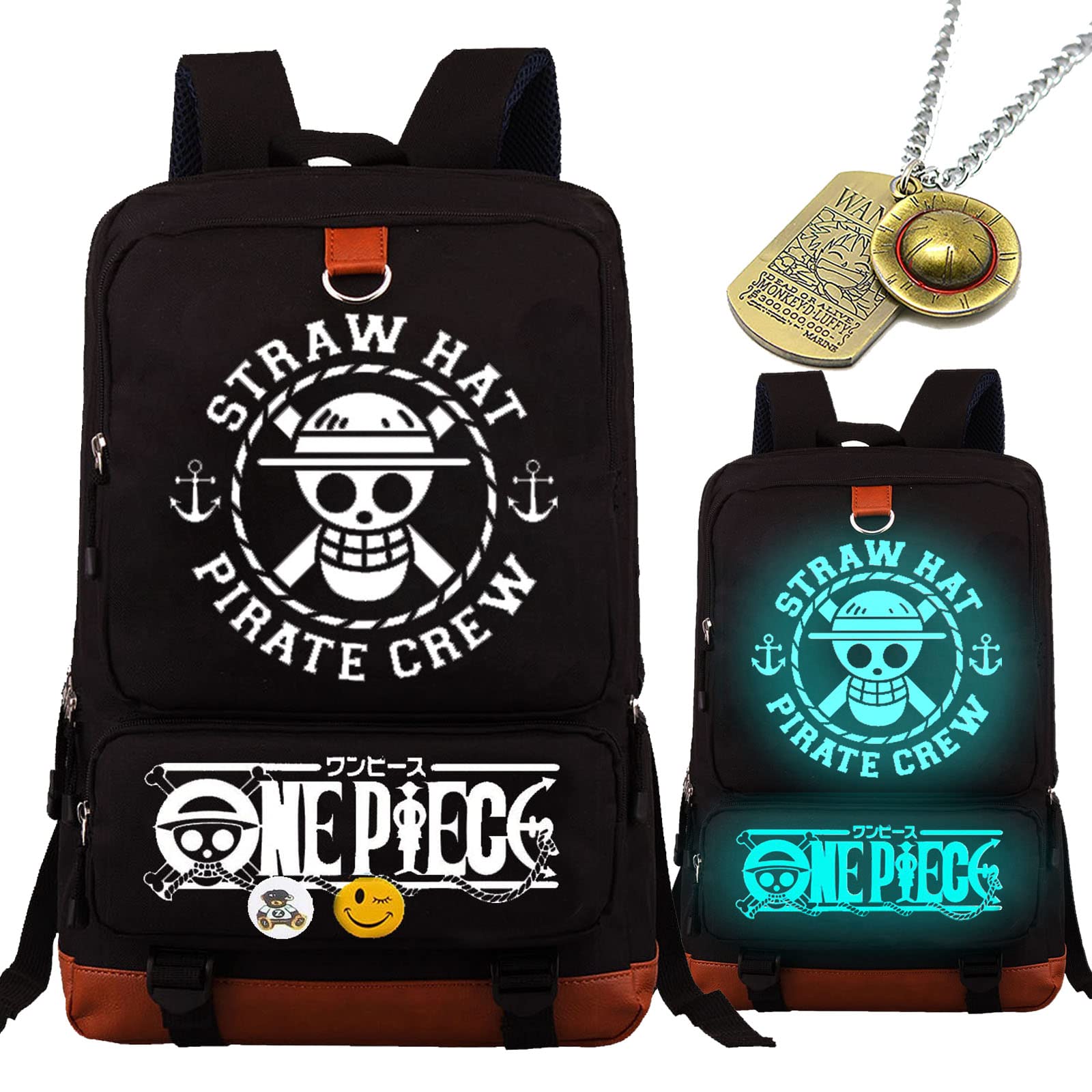 CYOIDAI PRZPRN Anime One iece Backpack Straw Hat Crew Bag Necklace Set for Men Women Canvas L-B
