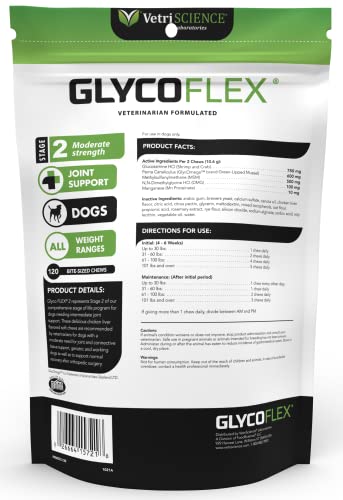 VetriScience Glycoflex 2 Hip and Joint Supplement for Working and Active Dog Breeds, Chicken, 120 Chews - Joint and Mobility Support for Competitive and Maturing Dogs