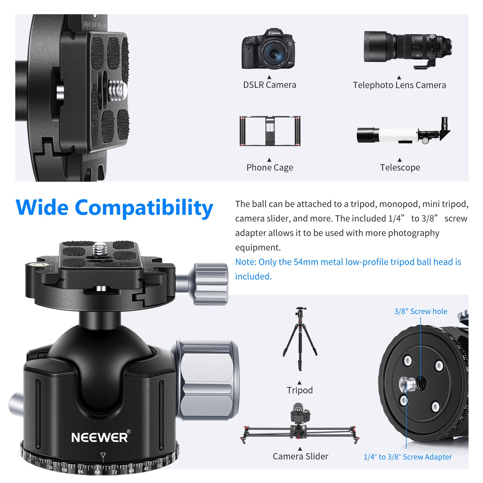 Neewer Low Profile DSLR Camera Tripod Ball Head, 54mm All Metal Panoramic Camera Mount Tripod Head with 1/4” Quick Release Plate for DSLR Camera/Camcorder, Tripod, Monopod, Slider, Max Load 77lb/35kg