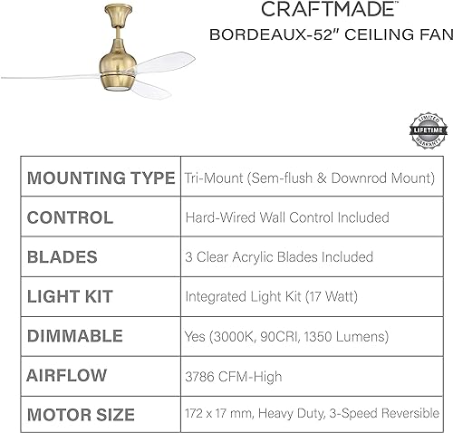 Craftmade BRD52SB3 Bordeaux Downrod/Semi-Flush Mount Heavy-Duty 52" Ceiling Fan with LED Light and Wall Control, 3 Clear Acrylic Blades, Satin Brass