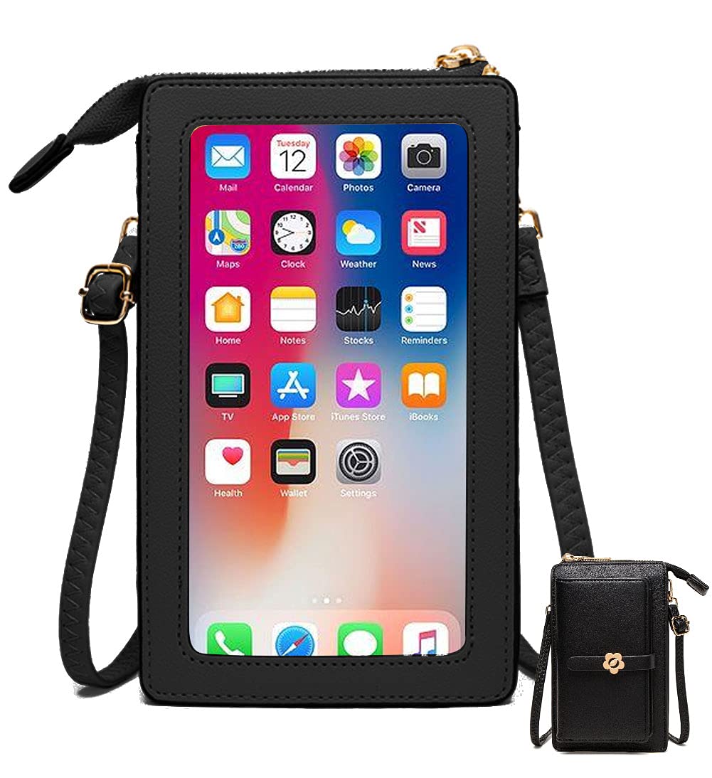 VEVESMUNDO Touchscreen Purse Wallet Zipper Holder Bag with Clear Touch Screen Phone Window (Black)