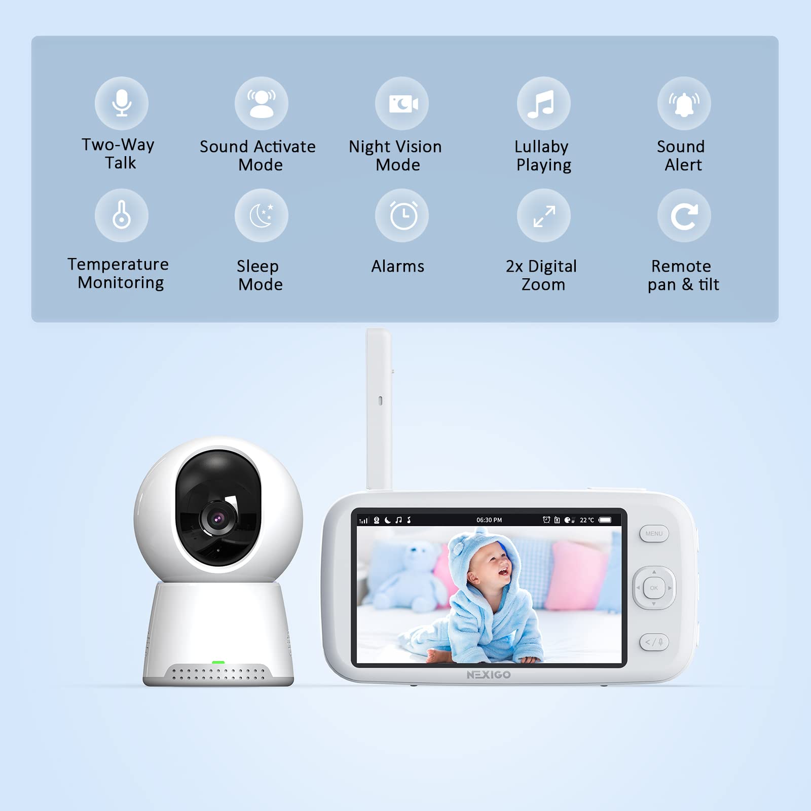 NexiGo Video Baby Monitor with Camera and Audio, 5 Inch Split IPS Screen, Support Up to 4 Cameras, 2-Way Audio, Pan-Tilt-Zoom, 4800mAh Battery, Temperature Detection, Night Vision, 2 Pack (White)