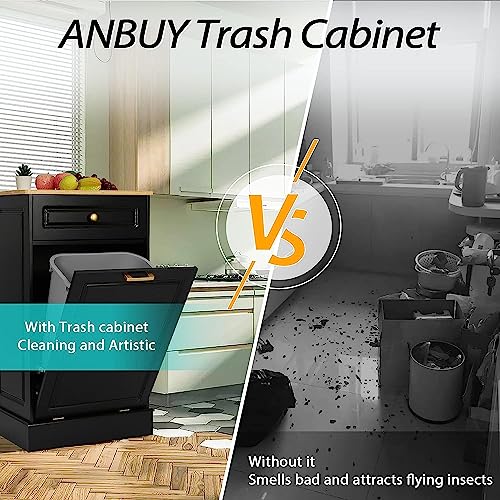 Scurrty 20.5'' Wooden Tilt Out Trash Can Cabinet for Kitchen Island,Tilt Out Bin for Trash Disposal Recycling, Handmade Solid Wood Hideaway Trash Holder for Laundry Hamper with Drawer (Black, Single)