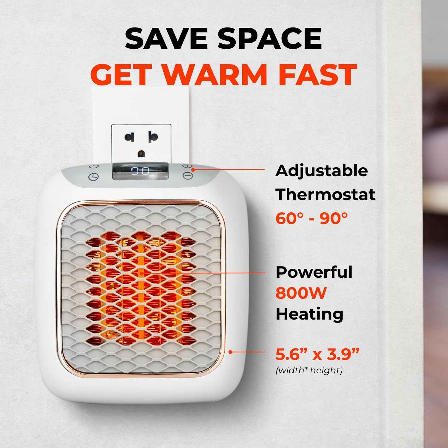 HeatWell Small Space Heater Plug In - 800w Mini Wall Mount Portable Heaters for Indoor Use Office Bedroom | Adjustable Thermostat, 12-Hour Timer, Auto Shut Off, Quiet Energy Efficient Ceramic Heating
