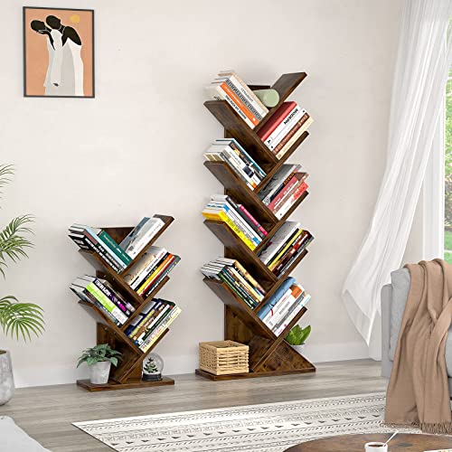 Topfurny Tree Bookshelf, 9-Tier Shelf Rustic Brown Bookcase, Retro Wood Storage Rack for CDs/Movies/Books, Anti-Fall Utility Organizer Shelves for Living Room, Bedroom, Home Office, Rustic Brown