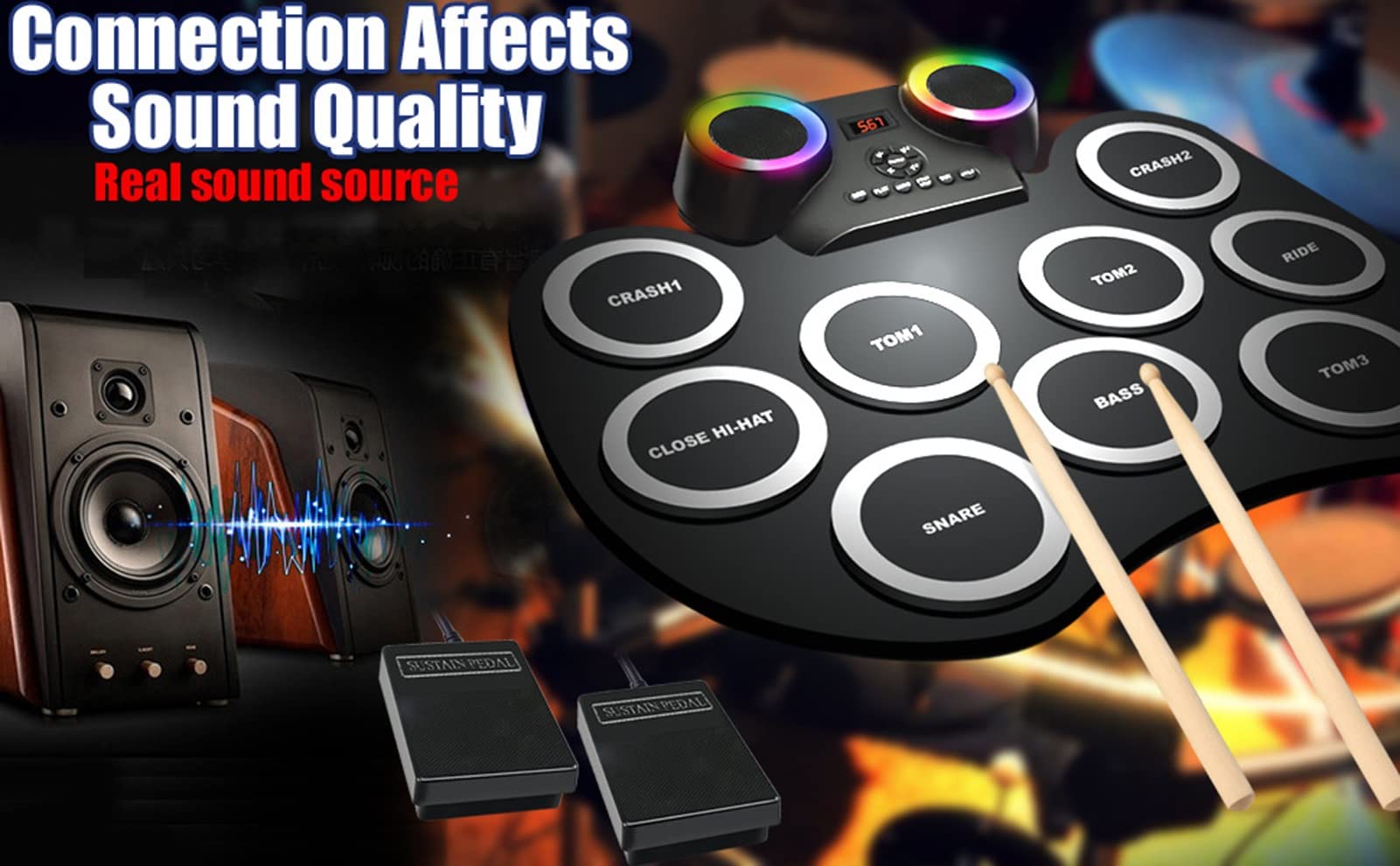 Electronic Drum Kit 9 Pads Roll-up Practice Drum Set With Colorful LED Lights For 10h Playing Built-in Dual Speakers Headphone USB Jack And Foor Pedals Great Chrismas Birthdays Gift For Beginners ( Co