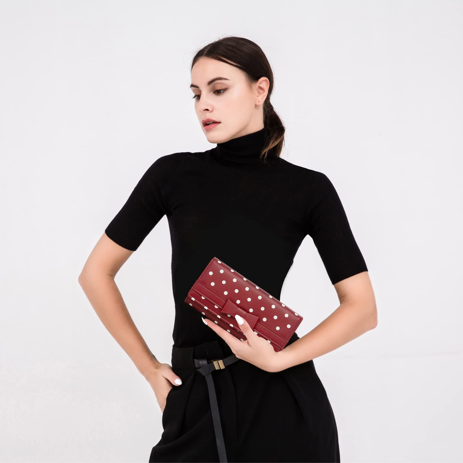 ROYALFAIR Polka Dot Wallet for Women, PU Leather Lady Purse with Cute Bowtie Card Holder Money Manager with ID Window (White Dots in Red)