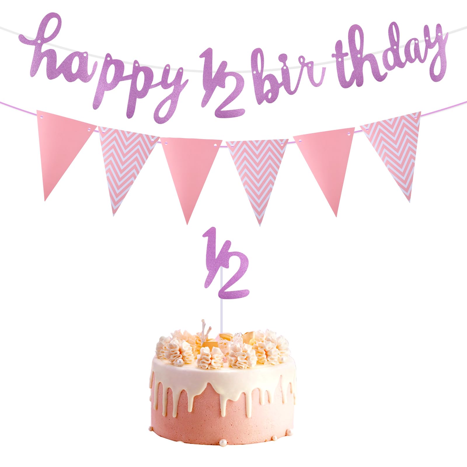 Happy 1/2 Birthday Banner Glitter Half Birthday 6 Months Happy Birthday Banner Happy Birthday Bunting Banner Birthday Party Decorations for Half Year Baby Shower, Pink