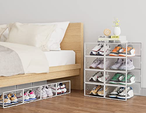 HOMIDEC 12 Pack Shoe Storage Box, Clear Plastic Stackable Sneaker Box, Shoe Organizer for Closet Under Bed Entryway(White)
