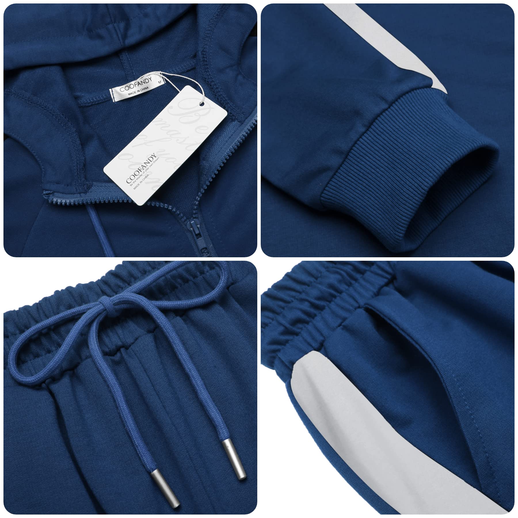 COOFANDY Men's Casual Tracksuit Set Long Sleeve Hooded Full-Zip Warm Sports Suit for Spring,Autumn,Winter, Deep Sky Blue, Medium