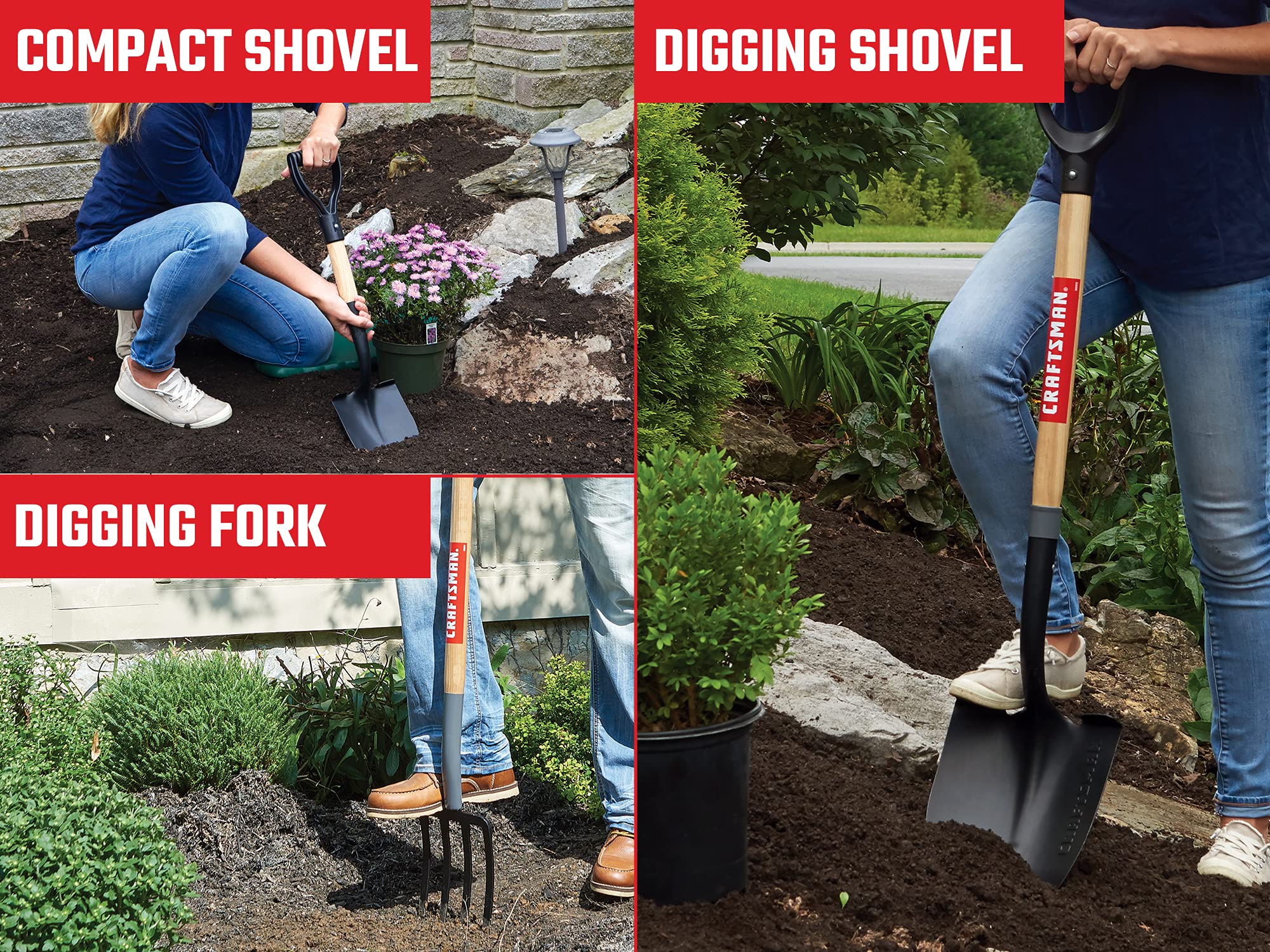 CRAFTSMAN CMXMKIT0120 3-Piece Wood Handle D-Grip Digging Tool Set with Compact Shovel, 4-Tine Fork and Round-Point Shovel