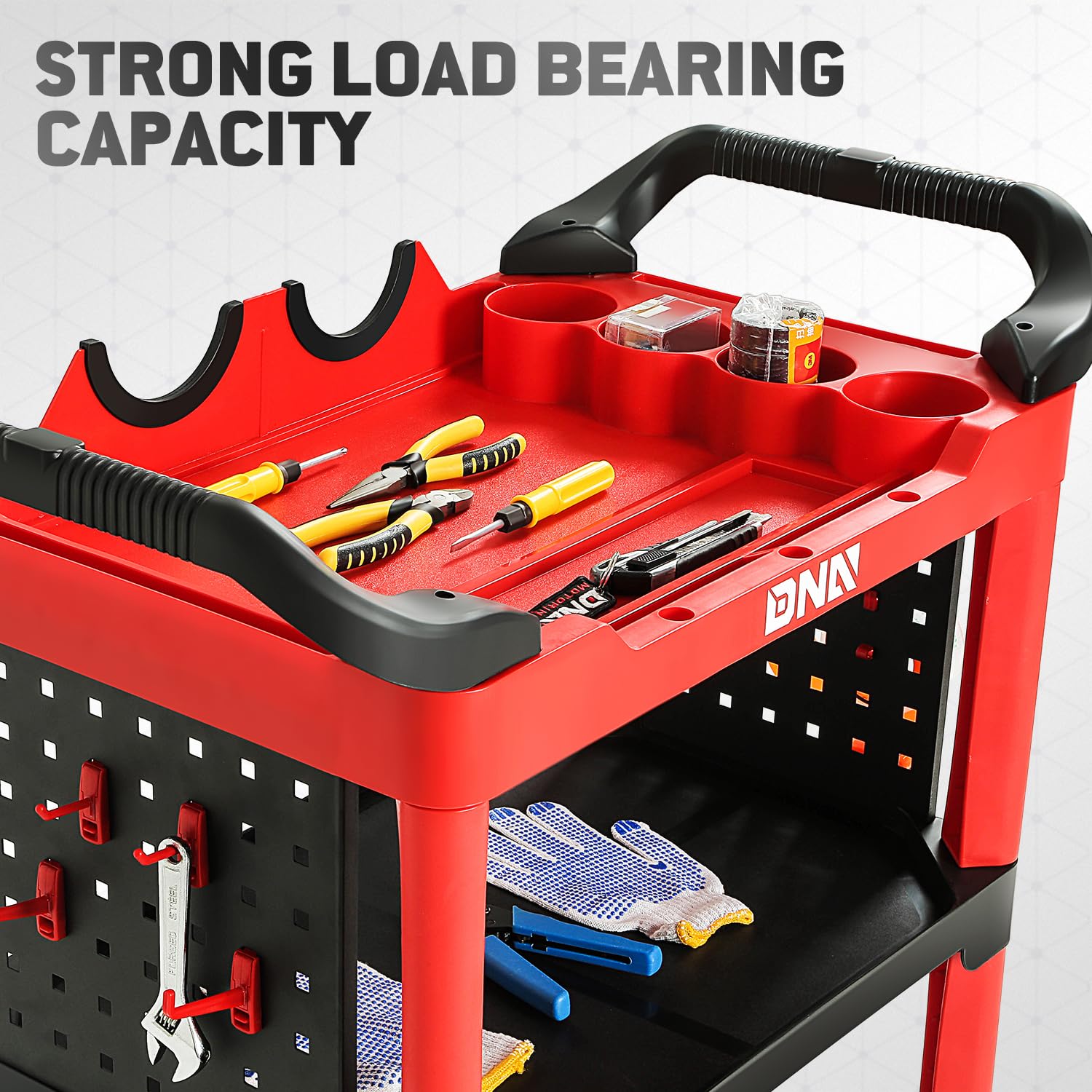 DNA MOTORING 3-Level Heavy Duty Composite Workshop Trolley 120 kg / 260 Lbs Capacity Cart Side Portable On Wheels w/Pegboard for Garage Warehouse Workshop Use, Black/Red, TOOLS-00429