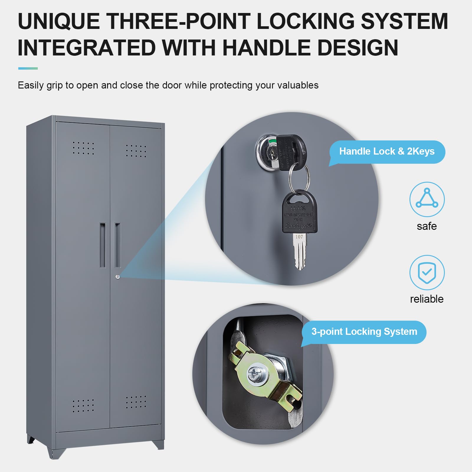 GREATMEET Broom Closet Storage Cabinet with Locking Doors,65" Metal Storage Cabinet with Hanging Rod,Garage Storage Cabinet Grey+White
