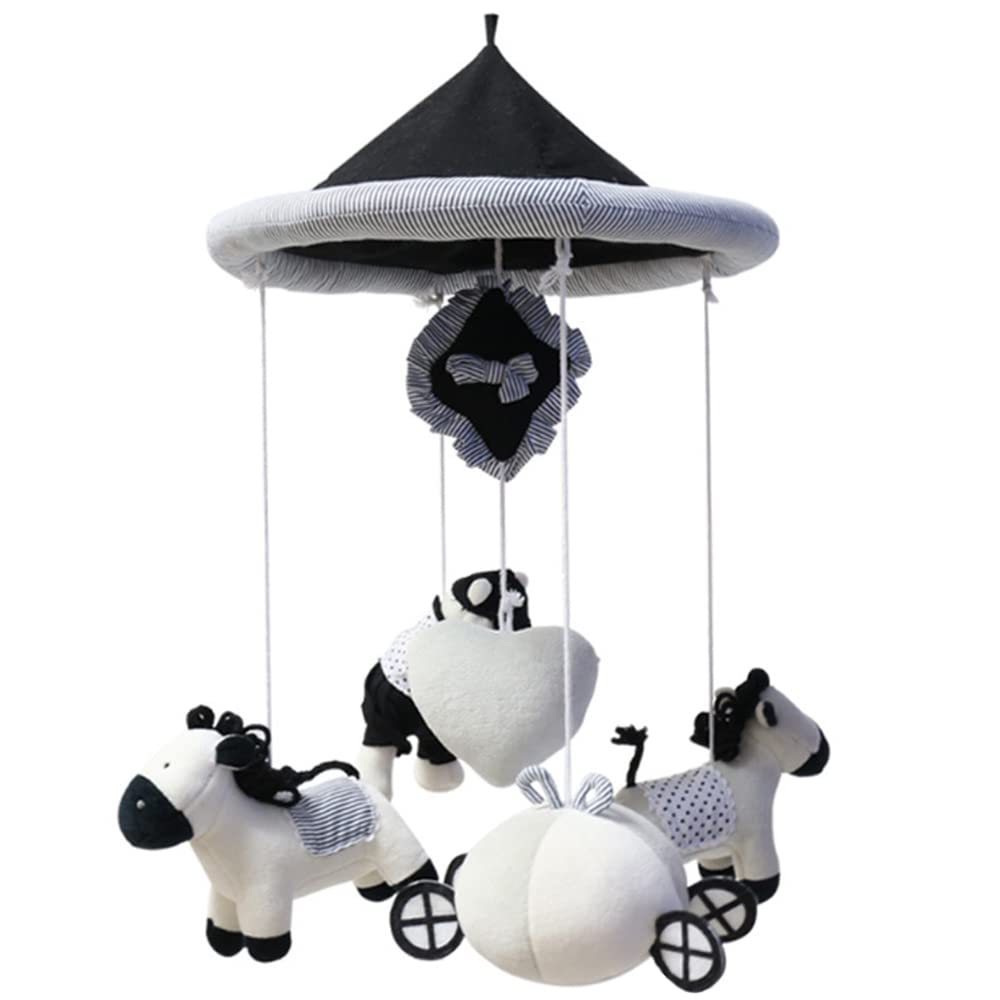 Neutral Baby Mobile,White Horse Musical Baby Crib Mobile,Baby Mobile for Crib,Crib Toys with Music,Handmade Nursery Mobile for Baby Room DecorďźBlack-White Horseďź