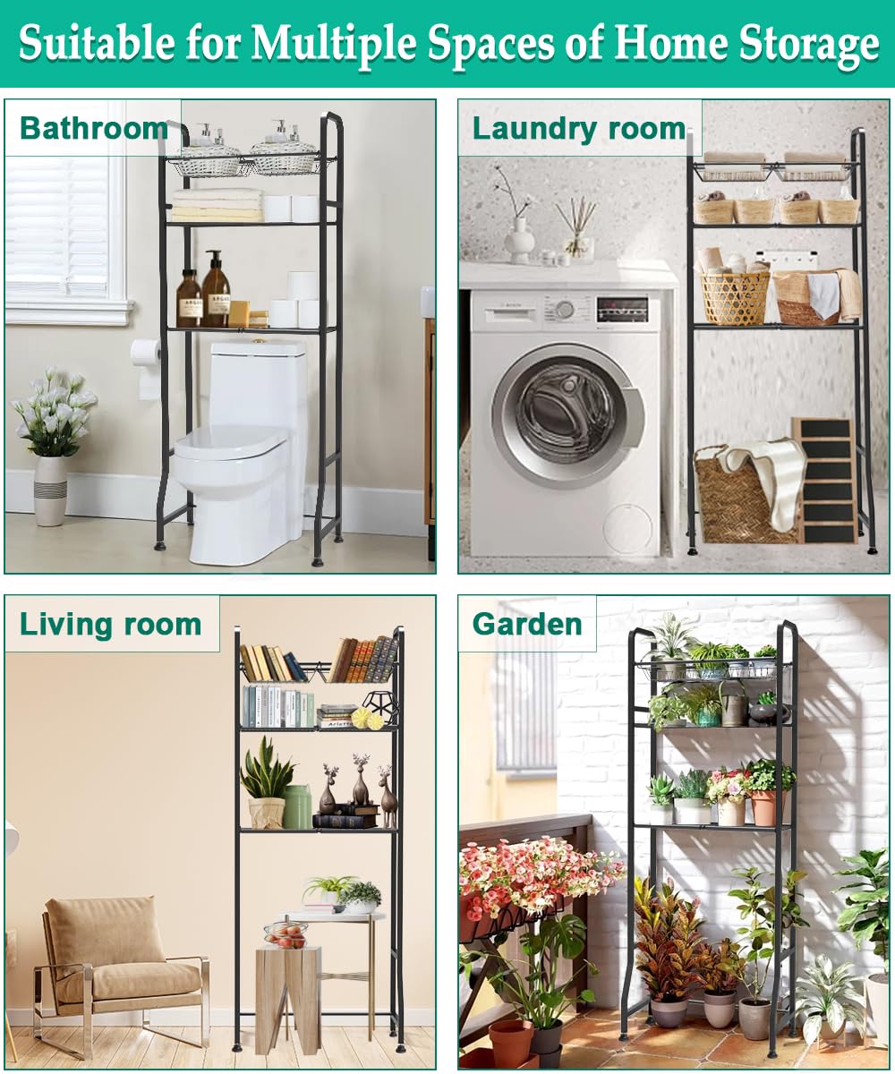 Khordin Over The Toilet Storage Shelf for Bathroom, 3-Tier Above Toilet Rack Bathroom Organizer with Adjustable Shelves and Hanging Hooks, Easy to Assemble & Space Saving, Black