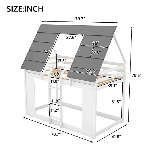 Harper & Bright Designs House Bunk Bed for Kids, Low Bunk Bed Twin Over Twin, Wood Toddler Bunk Beds Frame with Roof and Ladder for Girls Boys, White