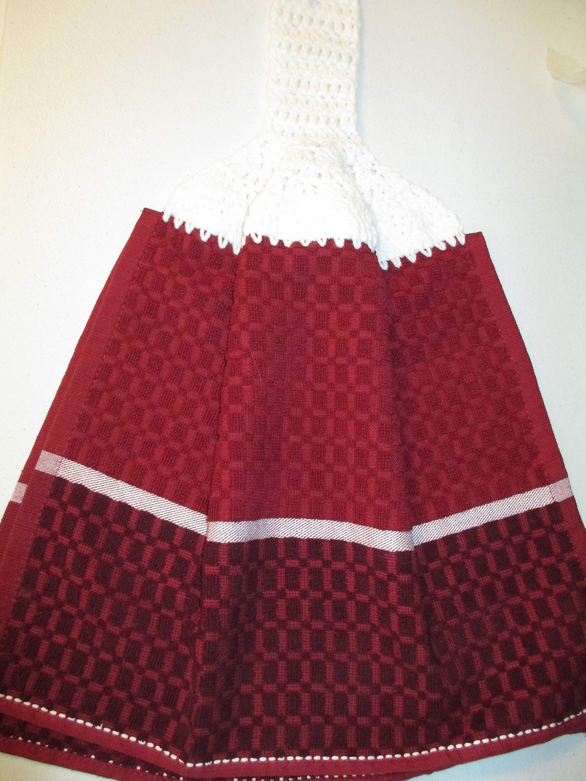 Crocheted FULL Towel Shades of Red Kitchen Towel with White Yarn