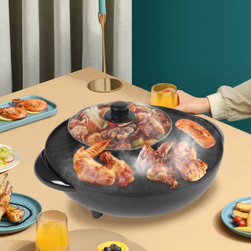 SNKOURIN Hot Pot with Grill 2 in 1, Multifunctional Smokeless Korean Barbecue Grill, Indoor Electric Hotpot Grill Combo, Capacity for 3-5 People, Non-stick Black 110v