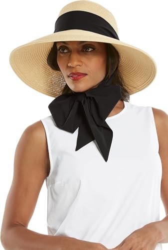 Coolibar UPF 50+ Women's Stella Scarf Detail Hat - Sun Protective (One Size- Natural/Black Colorblock)
