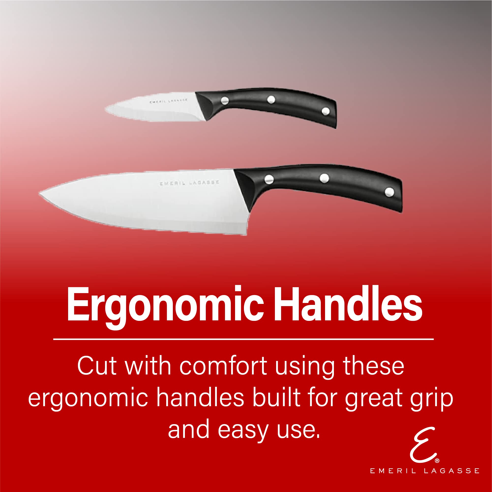 Emeril Lagasse 3-Piece Stamped Kitchen Knife Set - 8β Chef Knife, 5β Serrated Utility Knife, & 3.5β Paring Knife - Effortlessly Slice Fruits & Meats