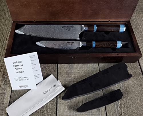 Ergo Chef Limited Series 2pc. Damascus Japanese VG10 8-inch Kiritsuke Knife and 5 inch Utility knife Set, Ebony and Blue Stabilized Wood Handles Includes Wooden Gift/Storage Box