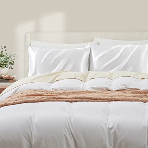 HommxJF White Satin Pillowcase Standard Set of 2 with Envelope Closure，White Silk Pillowcase for Hair and Skin (20x26)