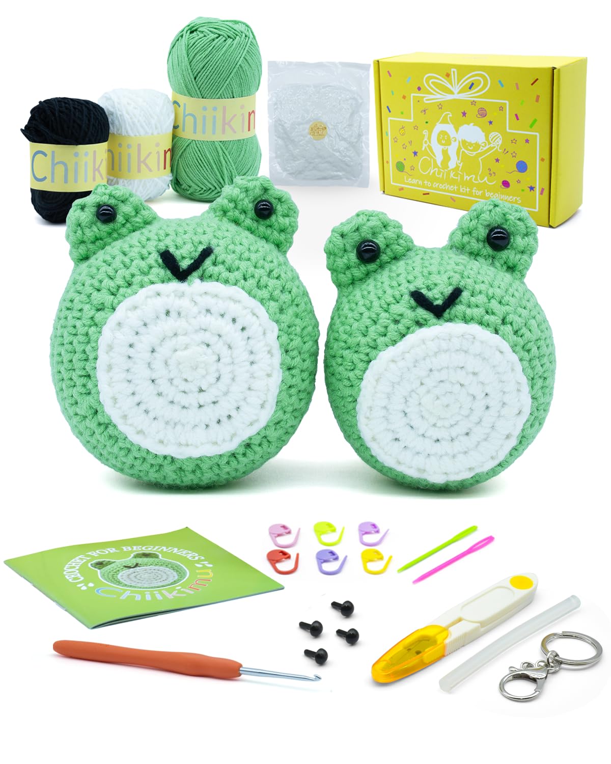 Chiikimu Crochet Kit for Beginners, Amigurumi Crochet Starter Kit with Step-by-Step Video Tutorial, Beginner Crochet Kit for Kids Adults Learn to Crochet Animals Kit, Frog Brothers (50%+ Extra Yarns)