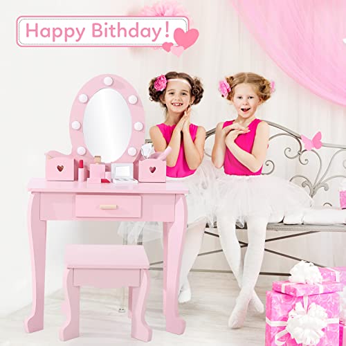 Bophy Girls' Vanity Table and Chair Set, Kids Makeup Dressing Table with Lights & Wood Makeup Playset, Kids Vanity Set with Mirror & Drawer for Age 4-9, Pink (STM-101PA)
