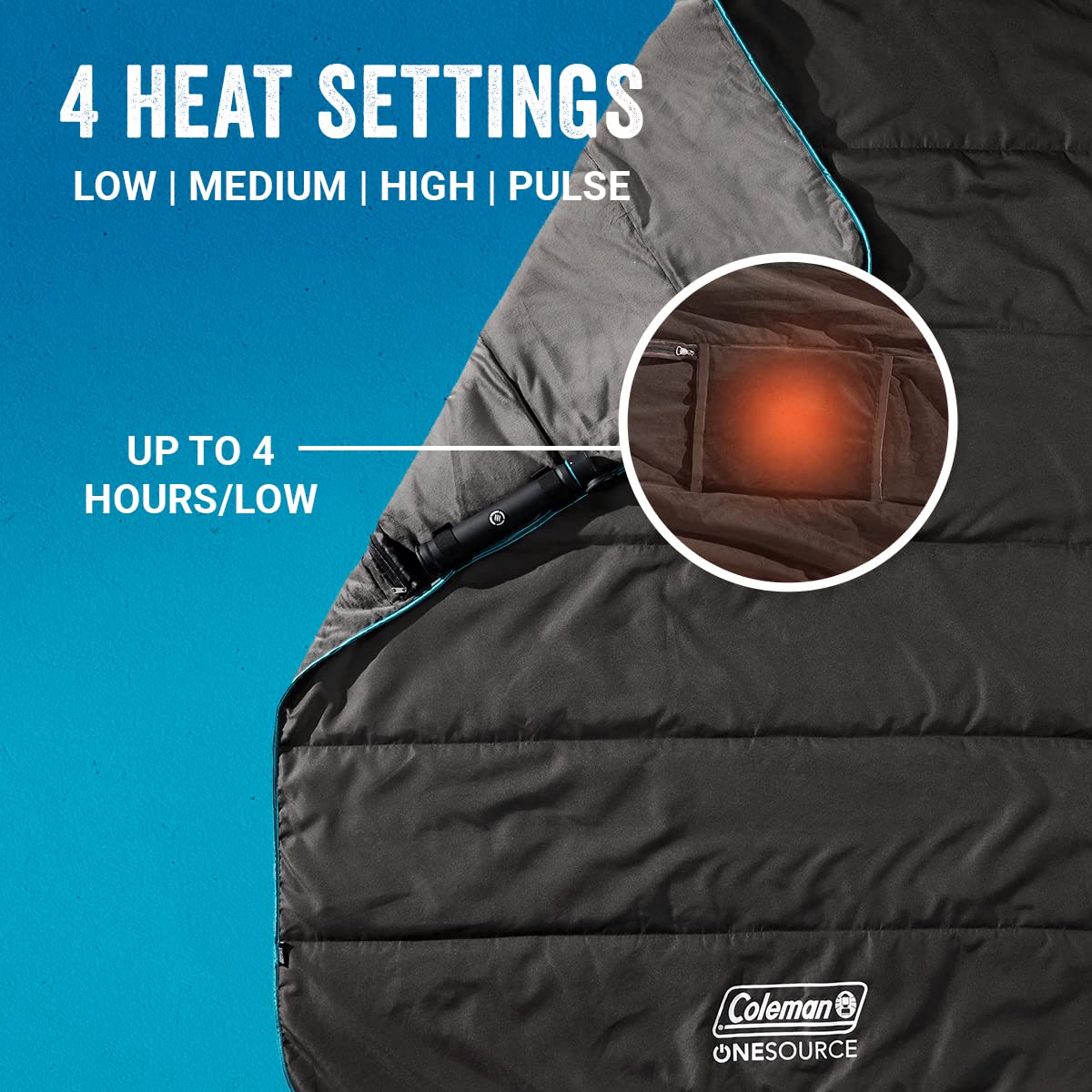 Coleman OneSource Heated Blanket with Hand Pouch and Rechargeable Battery, 4 Adjustable Heat Settings Lasts Up to 4 Hours, Water-Resistant Blanket with Dual Port Charging and Included Battery