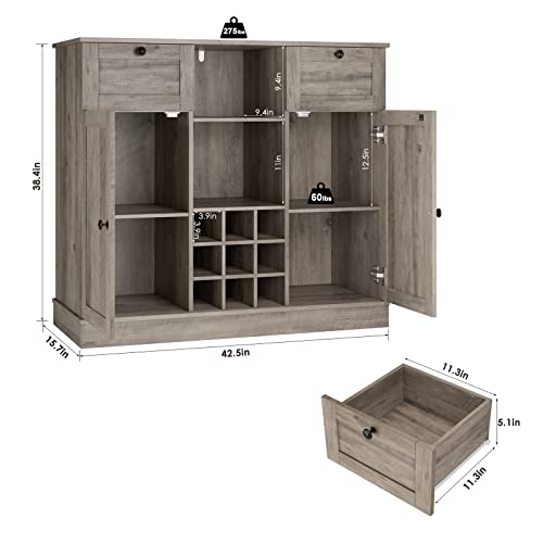 HOSTACK Buffet Sideboard Cabinet, Wine Bar Cabinet with Drawers and Removable Wine Rack, Coffee Bar Storage Cabinet with Shelves for Kitchen, Dining Room, Living Room, Ash Grey