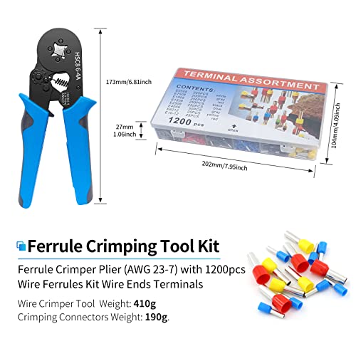DIVANC Ferrule Crimping Tool Kit, Ferrule Crimper Plier with 1200pcs Wire Ferrules Kit Wire Ends Terminals, Self-adjustable Ratchet Wire Crimper for AWG 23–7 Electrical Wire Connectors(Blue)