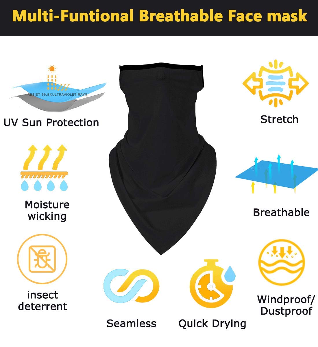 Face Mask Reusable Washable Cloth Bandanas Women Men Neck Gaiter Cover Ear Loops for Dust black