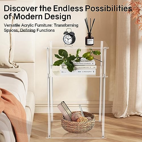 Joogto Acrylic Side Table, Clear 3-Tier Acrylic End Table with Stainless Steel Bracket, Acrylic Nightstand Beside Acrylic Coffee Table for Small Spaces Living Room/Office/Hallway/Bedroom/Balcony