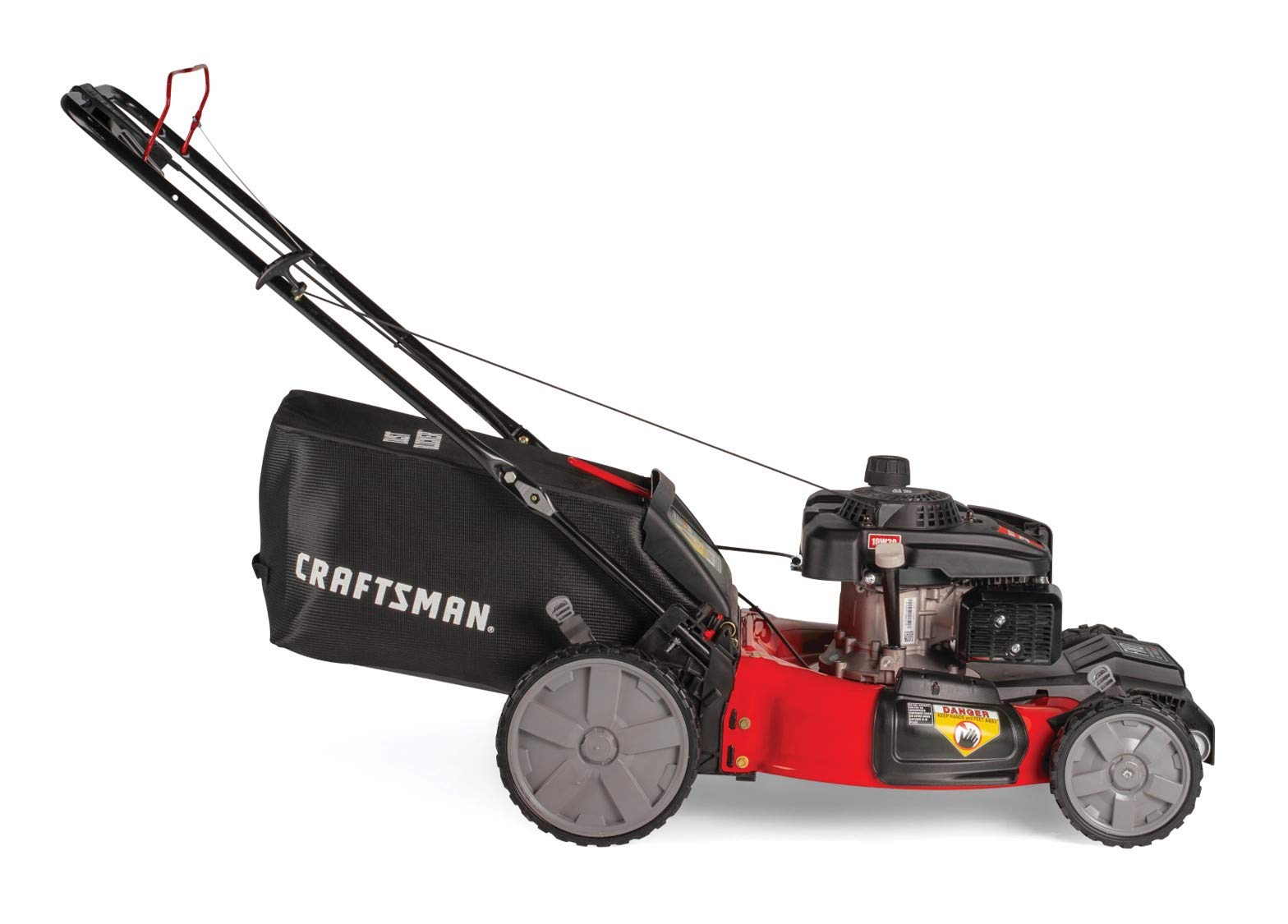 CRAFTSMAN M215 21-Inch 3-in-1 High-Wheeled FWD Self-Propelled Gas Powered Lawn Mower with Bagger - 159cc OHV Engine, Liberty Red