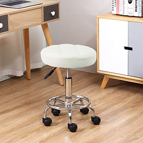 KKTONER Round Rolling Stool Chair PU Leather Height Adjustable Swivel Drafting Work SPA Shop Salon Stools with Wheels Office Chair Small (White)