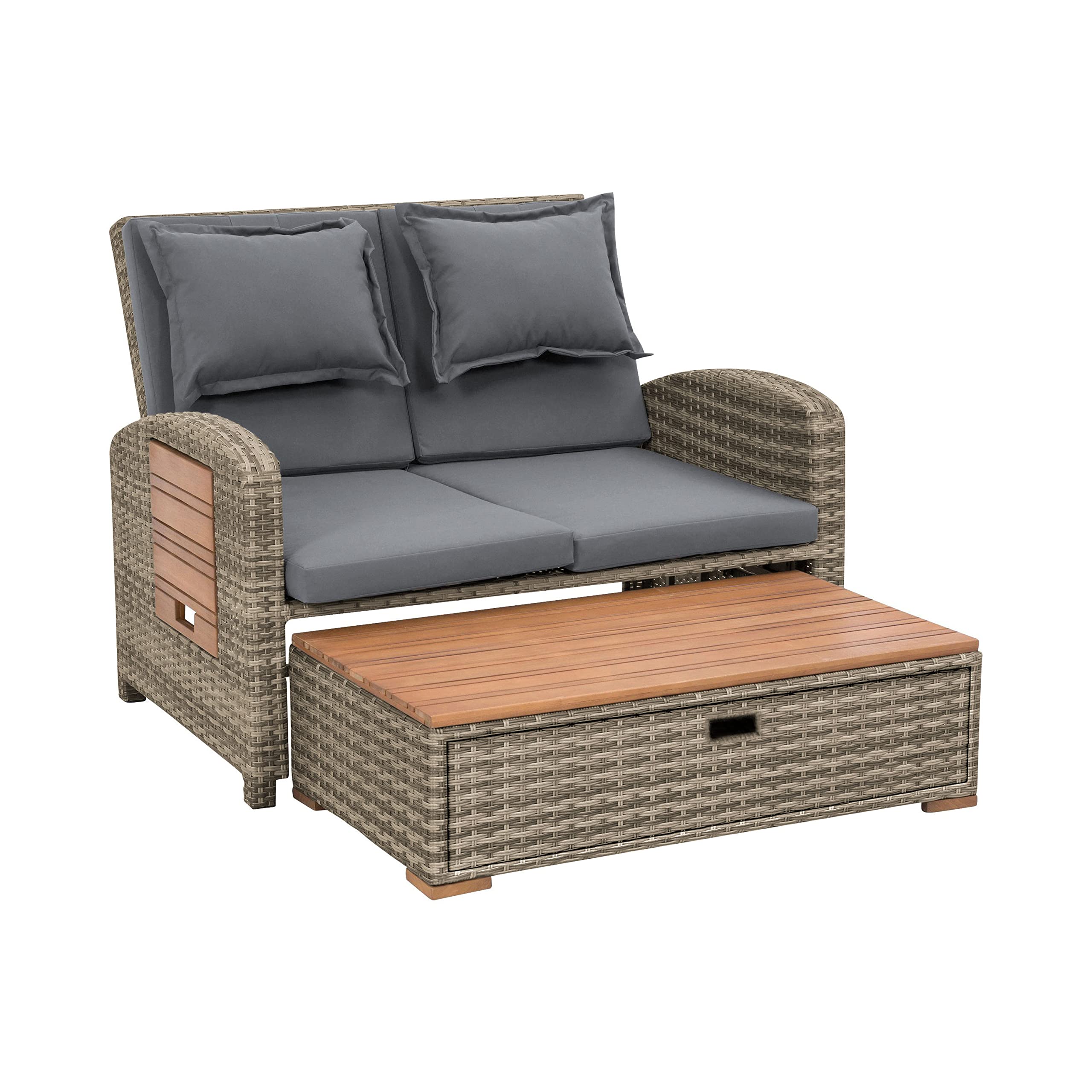 Greemotion Bahia Tobago Patio Poly Rattan Daybed, Steel Frame Loveseat Sofa Storage Ottoman Bench with Teak Retractable Side Tray, 5-Way Adjustable Cushioned Backrest (Brown/Dark Gray)