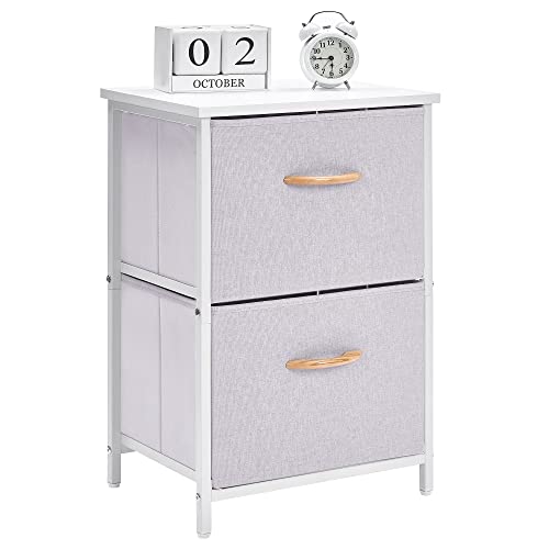 LAND·VOI Dresser Storage,Night Stand with 2 Fabric Drawers,End Table for Bedroom, Office, Living Room, and Hallway Entryway Closets, Steel Frame Wood Top, Easy Pull Handle,White Grey
