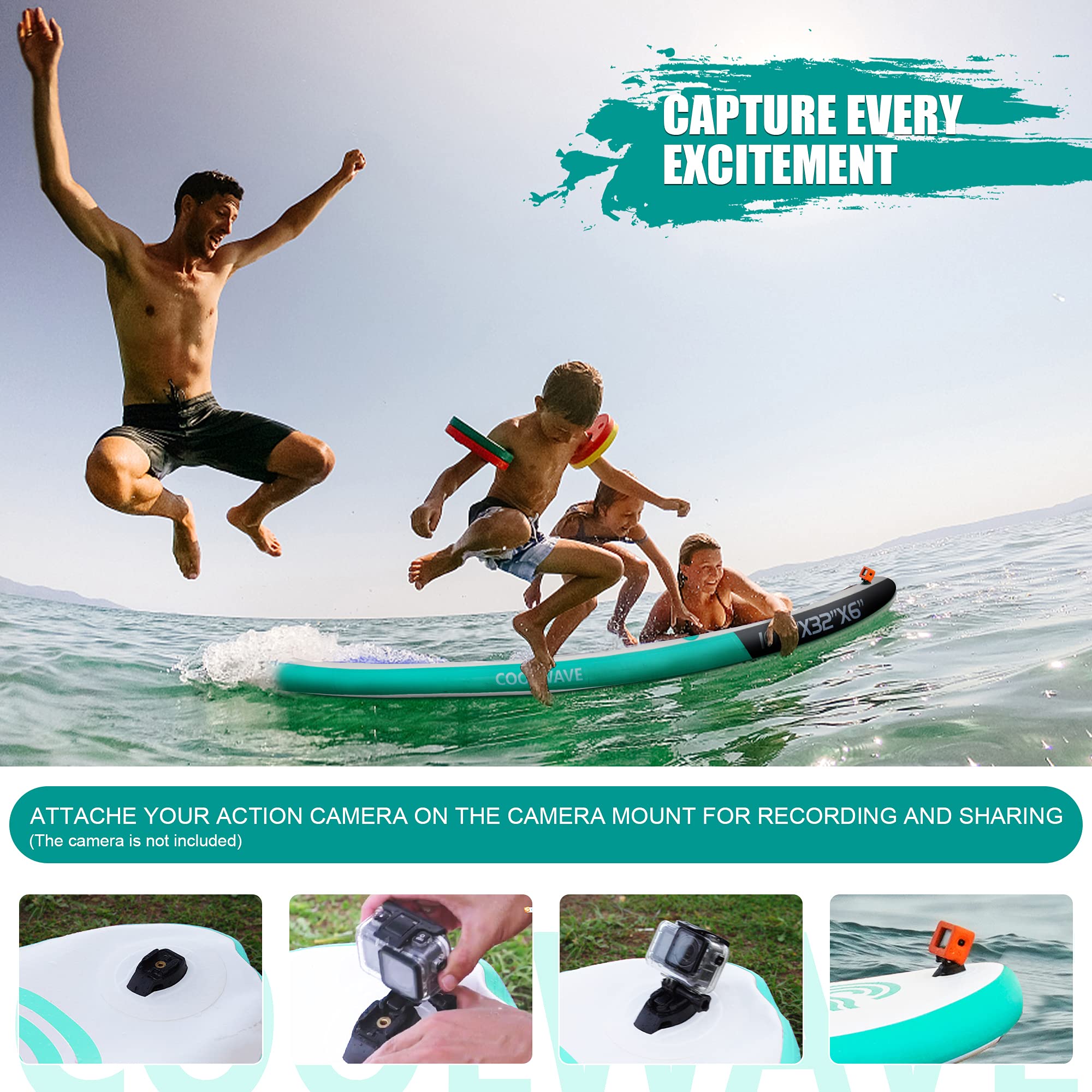 COOLWAVE 10'6" Inflatable Stand Up Paddle Board with Camera Seat, Accessories Including Waterproof Phonebag, Backpack, Bottom Fin for Paddling, Paddle, Non-Slip Deck, Hand Pump, Leash…