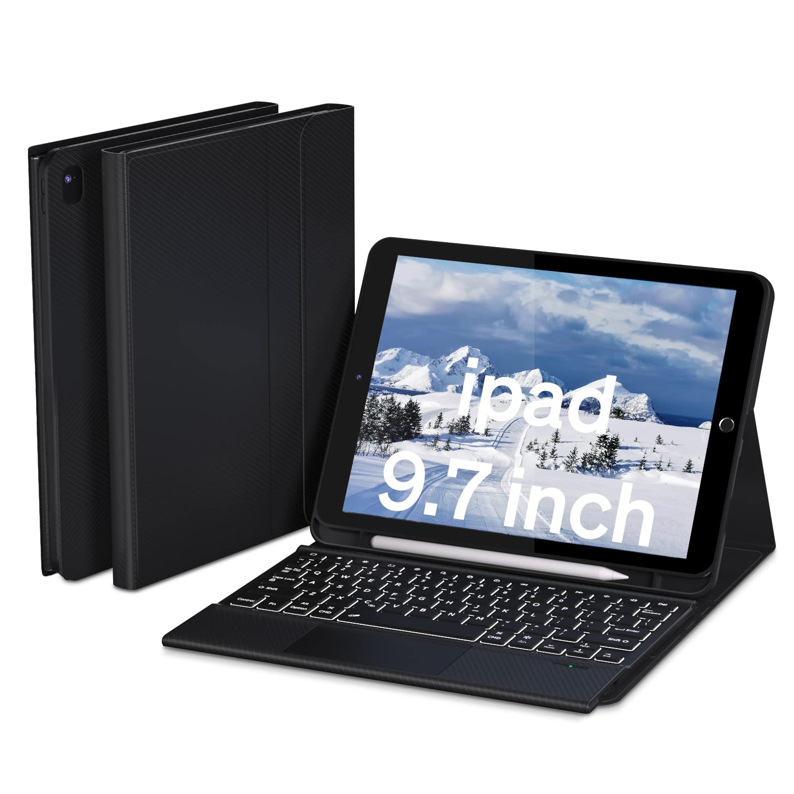 Doohoeek Keyboard Case with Trackpad for iPad 9.7 inch 5/6 Gen & iPad Air 2 Gen & iPad Pro 9.7, Bluetooth Rechargeable Keyboard with Twill Case & 7-Color Backlit & Adjustable Kickstand for iPad 9.7