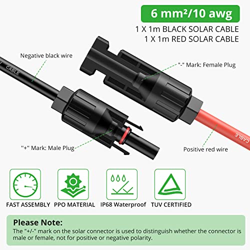 GARLLEN 3 Feet Solar Panel Extension Cable 10AWG/6mm², Solar Panel Cable with IP68 Waterproof, Solar Panel Photovoltaic Cable with Female and Male Connectors (3FT Red + 3FT Black)