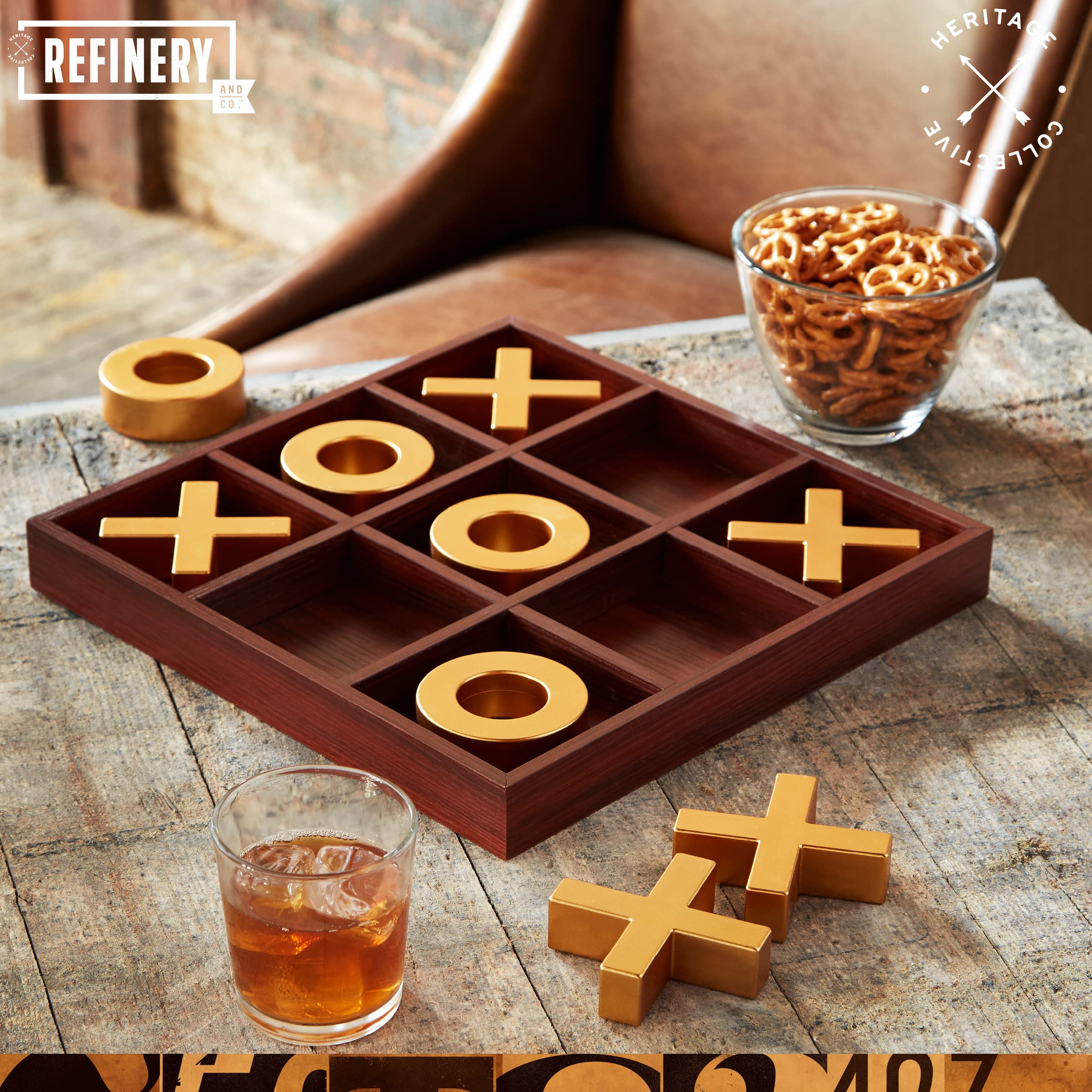 Refinery Premium Solid Wood Tic-Tac-Toe Board Game, Giant Gold 14β Coffee Table Home Decor, Classic Indoor/Outdoor Party Game for Children & Adults