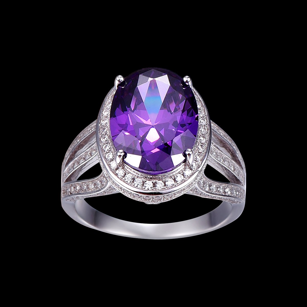 BONLAVIE 10.2ct 10x14mm Oval Cut Created Purple Amethyst Ring Paved White Cubic Zirconia 925 Sterling Silver Engagement Ring Wedding Bands Ring for Women Size 7
