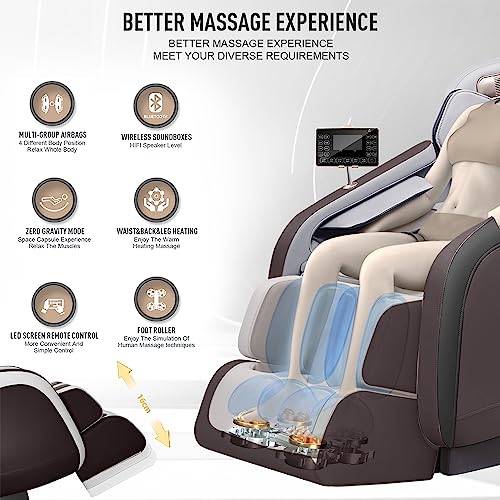 MMQ Massage Chair Zero Gravity Full Body-Electric Shiatsu Recliner with Back Heating and Foot Roller,Built-in Bluetooth Speakers for Home and Office,Plug and Play (Brown)