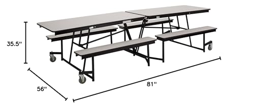 Learniture Mobile Bench Cafeteria Table for Schools and Lunch Rooms, Heavy-Duty Rolling Cafeteria Table with Benches and Casters, Gray/Black