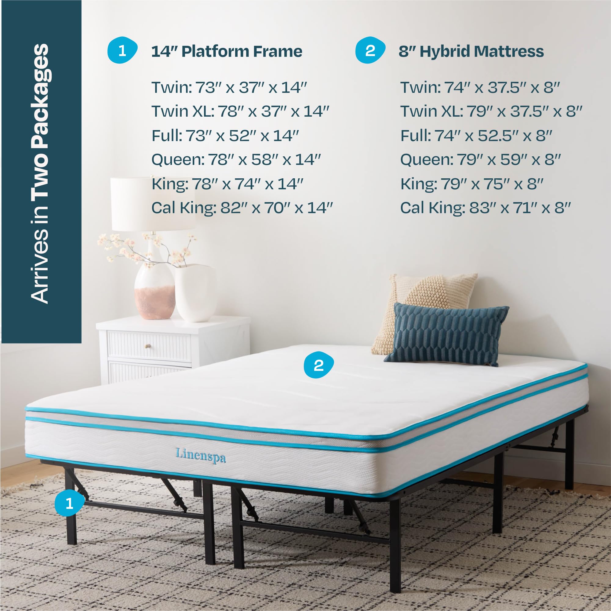 Linenspa 8” Memory Foam and Innerspring Hybrid Mattress + 14” Black Metal Platform Bedframe – Full Mattress + Metal Folding Full Bedframe