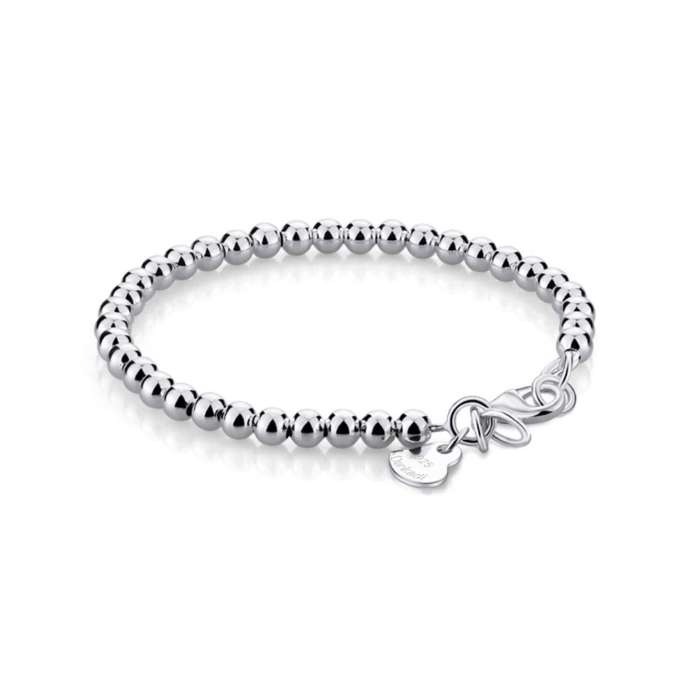 Dankadi New Women's 925 Sterling Silver Bracelet Minimalist 4-6MM Round Bead Chain Solid Silver Bracelet Charm Jewelry Lobster Claw Clasp (Silver 4mm16cm)
