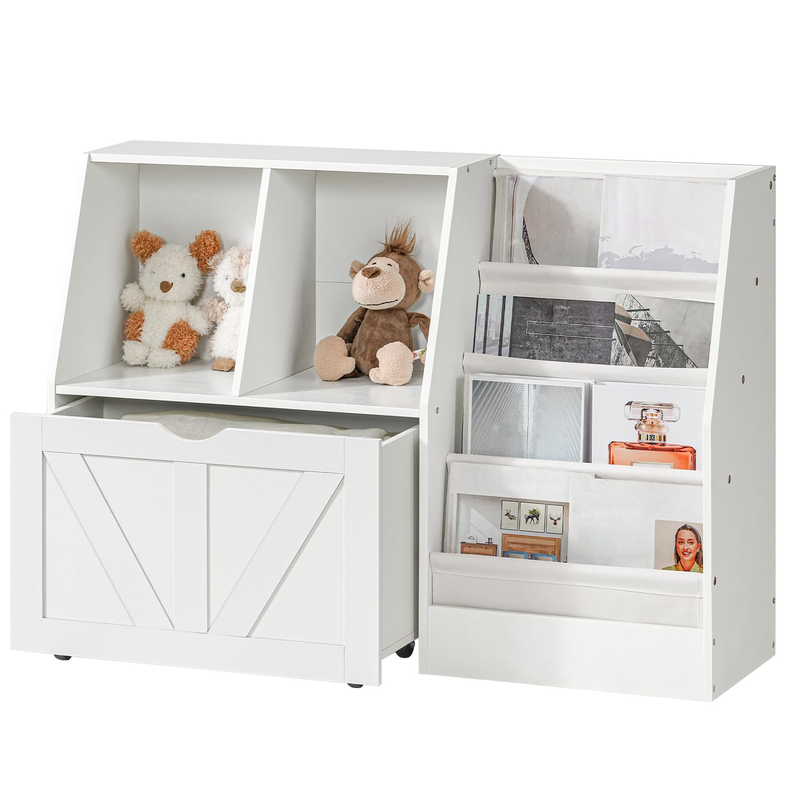 Kids Bookshelf, Four Layer Sling Bookcase, Toddler Storage Book Rack, Toy Organizer Shelves with Movable Drawer, Toy Organizer Cabinet, Book Display, for Playroom, Nursery, Kids Room, White WT112CW01